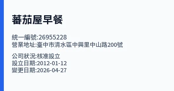 蕃茄屋早餐的照片-統編 26955228(臺中市) 公司登記資料與營業項目詳細圖表