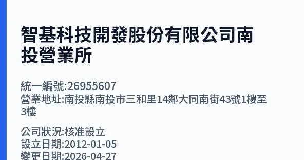 智基科技開發股份有限公司南投營業所的照片-統編 26955607(南投縣) 公司登記資料與營業項目詳細圖表
