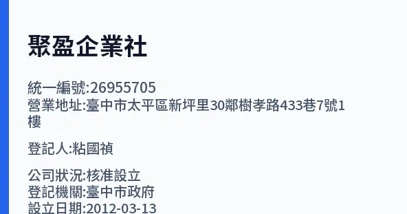 聚盈企業社的照片-統編 26955705(臺中市) 公司登記資料與營業項目詳細圖表