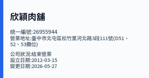 欣穎肉舖的照片-統編 26955944(臺中市) 公司登記資料與營業項目詳細圖表