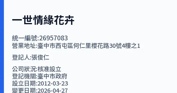 一世情緣花卉的照片-統編 26957083(臺中市) 公司登記資料與營業項目詳細圖表