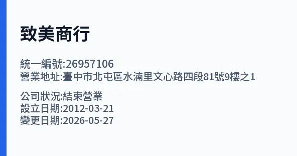 致美商行的照片-統編 26957106(臺中市) 公司登記資料與營業項目詳細圖表