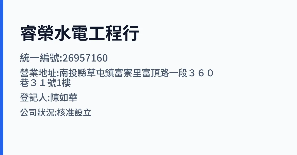 睿榮水電工程行 - 統編 26957160(南投縣) 公司登記資料與營業項目詳細圖表