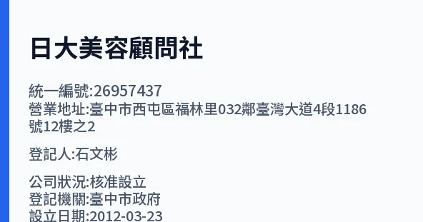 日大美容顧問社的照片-統編 26957437(臺中市) 公司登記資料與營業項目詳細圖表
