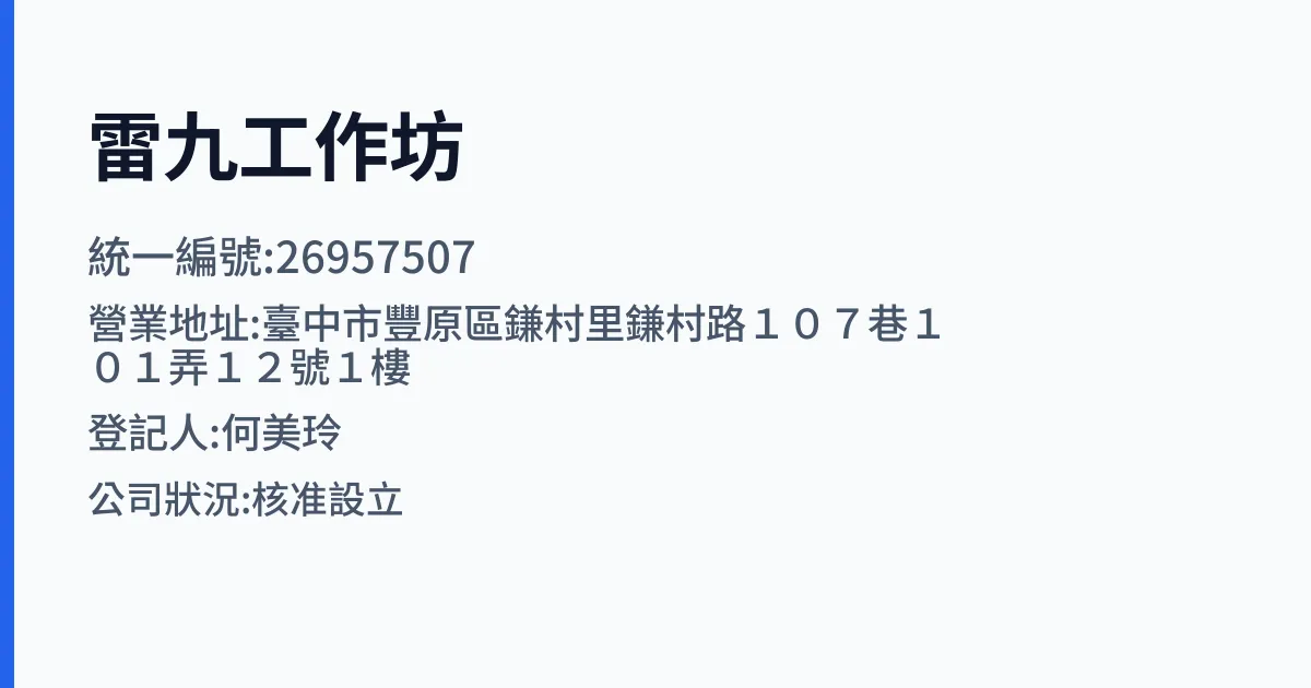 雷九工作坊 - 統編 26957507(臺中市) 公司登記資料與營業項目詳細圖表