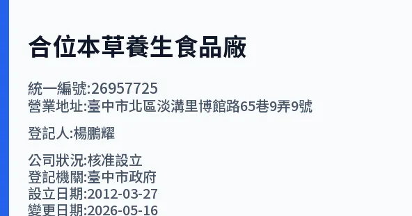 合位本草養生食品廠的照片-統編 26957725(臺中市) 公司登記資料與營業項目詳細圖表