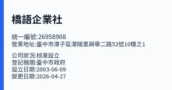 橋語企業社的照片-統編 26958908(臺中市) 公司登記資料與營業項目詳細圖表