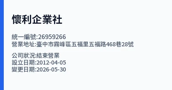 懷利企業社的照片-統編 26959266(臺中市) 公司登記資料與營業項目詳細圖表