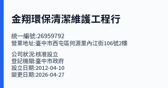 金翔環保清潔維護工程行的照片-統編 26959792(臺中市) 公司登記資料與營業項目詳細圖表