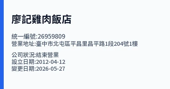廖記雞肉飯店的照片-統編 26959809(臺中市) 公司登記資料與營業項目詳細圖表