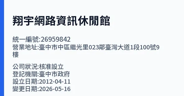 翔宇網路資訊休閒館的照片-統編 26959842(臺中市) 公司登記資料與營業項目詳細圖表
