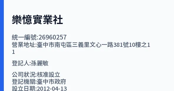 樂憶實業社的照片-統編 26960257(臺中市) 公司登記資料與營業項目詳細圖表