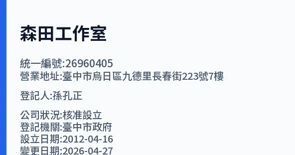 森田工作室的照片-統編 26960405(臺中市) 公司登記資料與營業項目詳細圖表