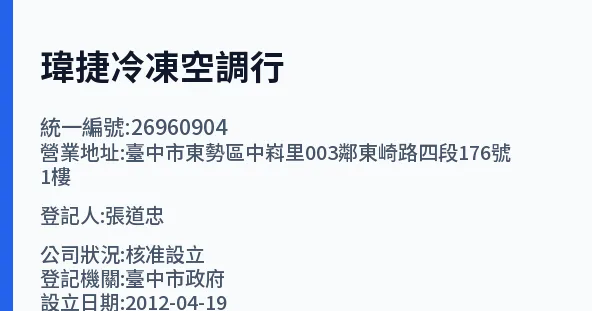 瑋捷冷凍空調行的照片-統編 26960904(臺中市) 公司登記資料與營業項目詳細圖表