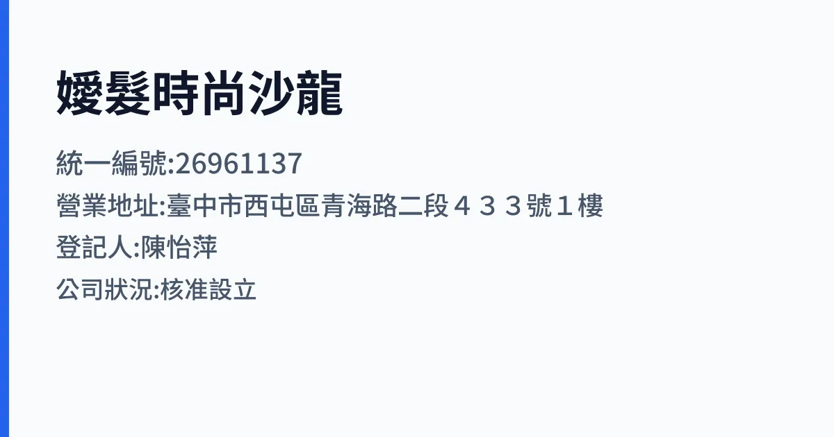 嬡髮時尚沙龍 - 統編 26961137(臺中市) 公司登記資料與營業項目詳細圖表
