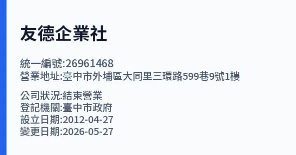 友德企業社的照片-統編 26961468(臺中市) 公司登記資料與營業項目詳細圖表