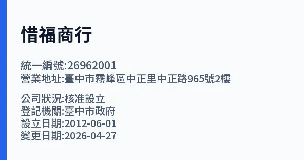 惜福商行的照片-統編 26962001(臺中市) 公司登記資料與營業項目詳細圖表