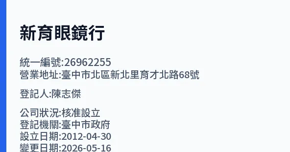 新育眼鏡行的照片-統編 26962255(臺中市) 公司登記資料與營業項目詳細圖表