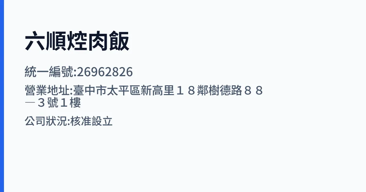 六順焢肉飯 - 統編 26962826(臺中市) 公司登記資料與營業項目詳細圖表