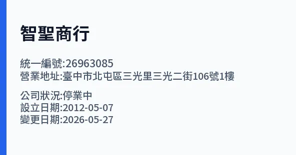 智聖商行的照片-統編 26963085(臺中市) 公司登記資料與營業項目詳細圖表