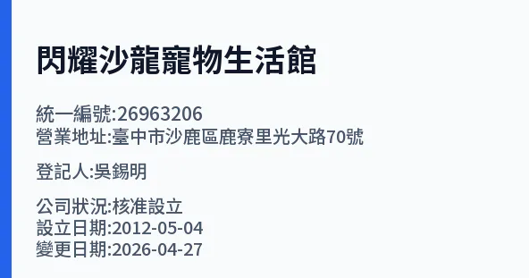 閃耀沙龍寵物生活館的照片-統編 26963206(臺中市) 公司登記資料與營業項目詳細圖表