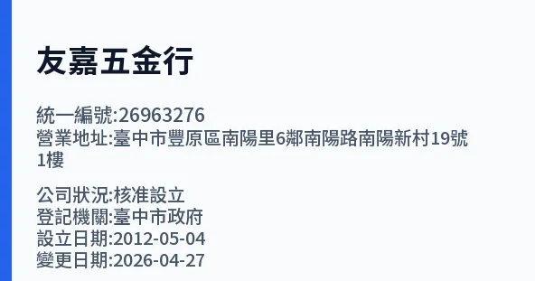 友嘉五金行的照片-統編 26963276(臺中市) 公司登記資料與營業項目詳細圖表