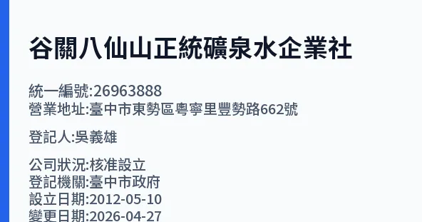 谷關八仙山正統礦泉水企業社的照片-統編 26963888(臺中市) 公司登記資料與營業項目詳細圖表