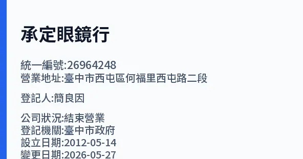 承定眼鏡行的照片-統編 26964248(臺中市) 公司登記資料與營業項目詳細圖表