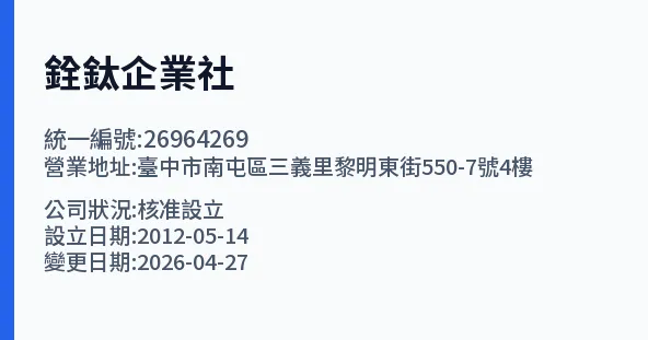 銓鈦企業社的照片-統編 26964269(臺中市) 公司登記資料與營業項目詳細圖表