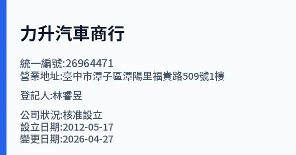 力升汽車商行的照片-統編 26964471(臺中市) 公司登記資料與營業項目詳細圖表