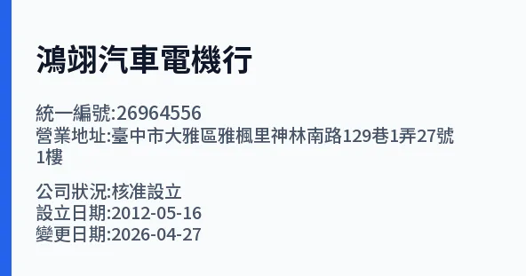 鴻翊汽車電機行的照片-統編 26964556(臺中市) 公司登記資料與營業項目詳細圖表