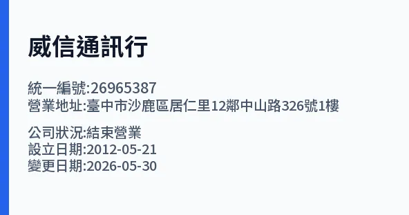 威信通訊行的照片-統編 26965387(臺中市) 公司登記資料與營業項目詳細圖表