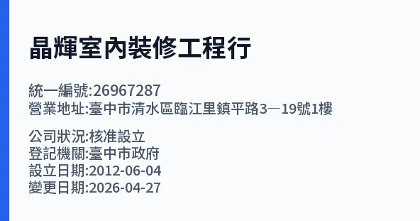 晶輝室內裝修工程行的照片-統編 26967287(臺中市) 公司登記資料與營業項目詳細圖表