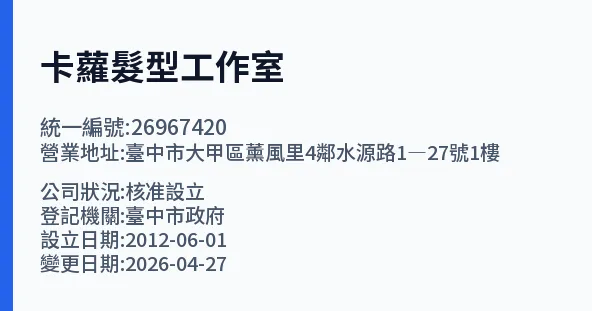 卡蘿髮型工作室的照片-統編 26967420(臺中市) 公司登記資料與營業項目詳細圖表