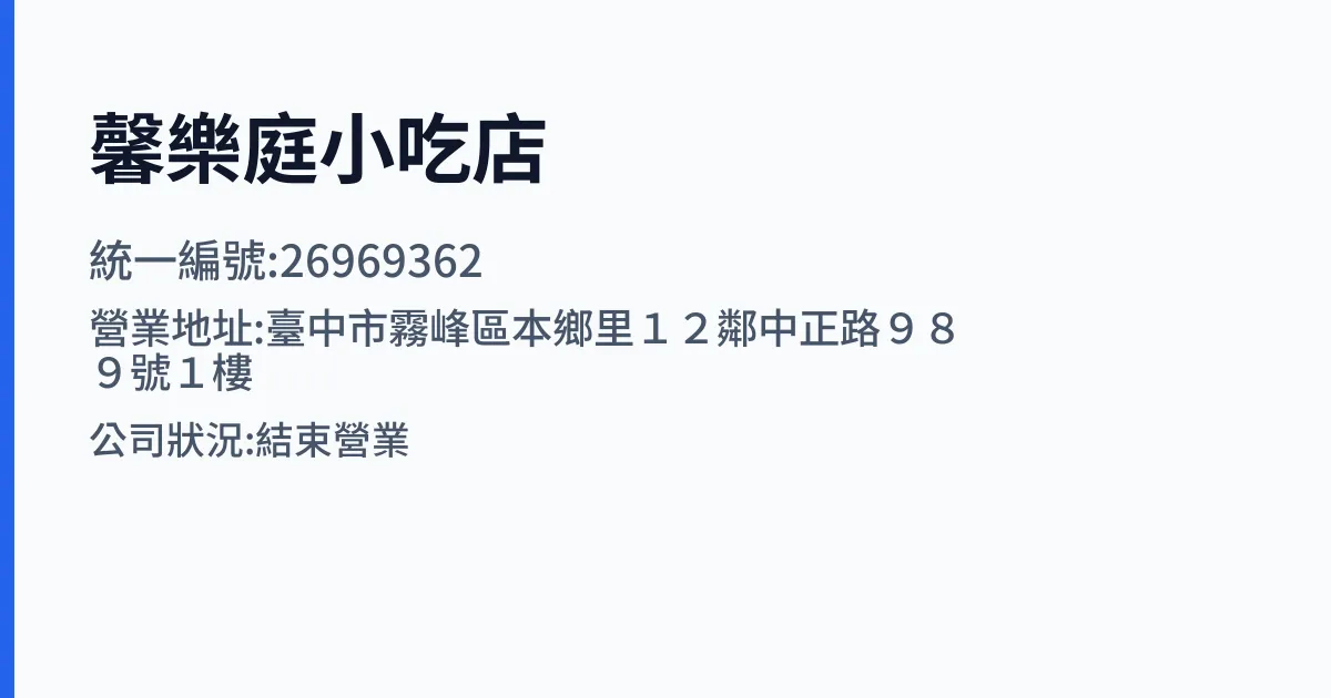 馨樂庭小吃店 - 統編 26969362(臺中市) 公司登記資料與營業項目詳細圖表