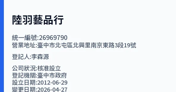 陸羽藝品行的照片-統編 26969790(臺中市) 公司登記資料與營業項目詳細圖表