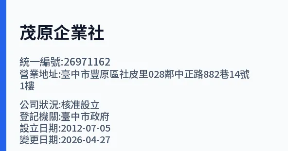 茂原企業社的照片-統編 26971162(臺中市) 公司登記資料與營業項目詳細圖表