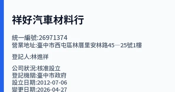 祥好汽車材料行的照片-統編 26971374(臺中市) 公司登記資料與營業項目詳細圖表