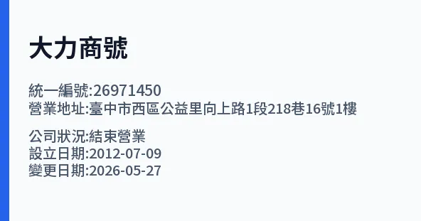 大力商號的照片-統編 26971450(臺中市) 公司登記資料與營業項目詳細圖表