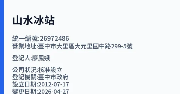 山水冰站的照片-統編 26972486(臺中市) 公司登記資料與營業項目詳細圖表