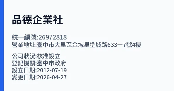 品德企業社的照片-統編 26972818(臺中市) 公司登記資料與營業項目詳細圖表
