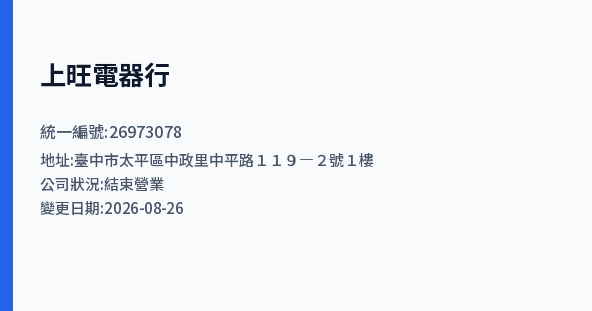 上旺電器行的照片-統編 26973078(臺中市) 公司登記資料與營業項目詳細圖表
