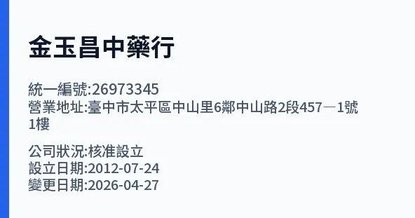 金玉昌中藥行的照片-統編 26973345(臺中市) 公司登記資料與營業項目詳細圖表