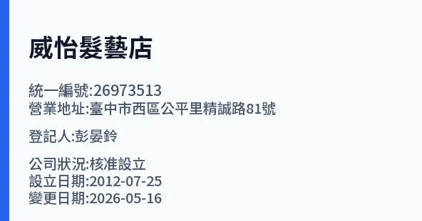 威怡髮藝店的照片-統編 26973513(臺中市) 公司登記資料與營業項目詳細圖表