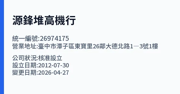 源鋒堆高機行的照片-統編 26974175(臺中市) 公司登記資料與營業項目詳細圖表