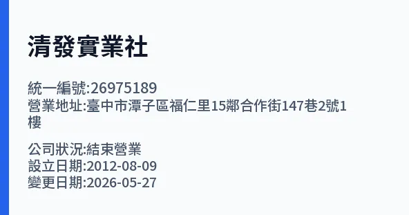 清發實業社的照片-統編 26975189(臺中市) 公司登記資料與營業項目詳細圖表