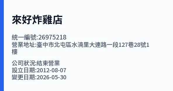 來好炸雞店的照片-統編 26975218(臺中市) 公司登記資料與營業項目詳細圖表