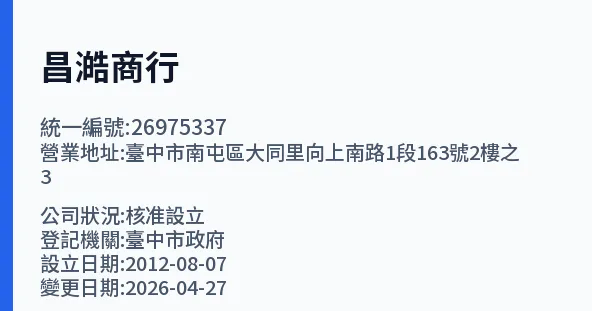 昌澔商行的照片-統編 26975337(臺中市) 公司登記資料與營業項目詳細圖表
