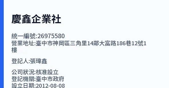 慶鑫企業社的照片-統編 26975580(臺中市) 公司登記資料與營業項目詳細圖表