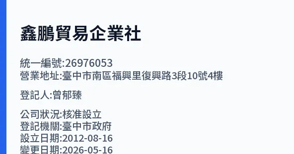 鑫鵬貿易企業社的照片-統編 26976053(臺中市) 公司登記資料與營業項目詳細圖表